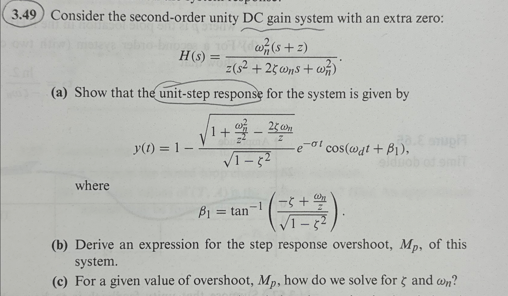 Solved 3.49) ﻿Consider the second-order unity DC gain system | Chegg.com
