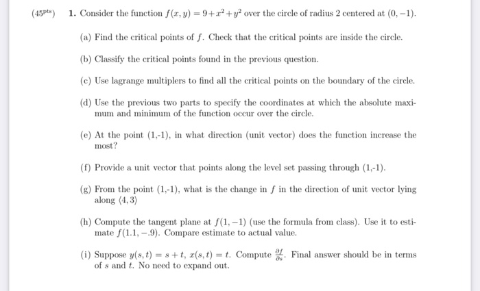 Solved (45pts) 1. Consider the function f(r,y) = 9+x++y over | Chegg.com