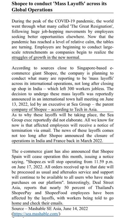 Shopee to conduct 'Mass Layoffs' across its Global | Chegg.com