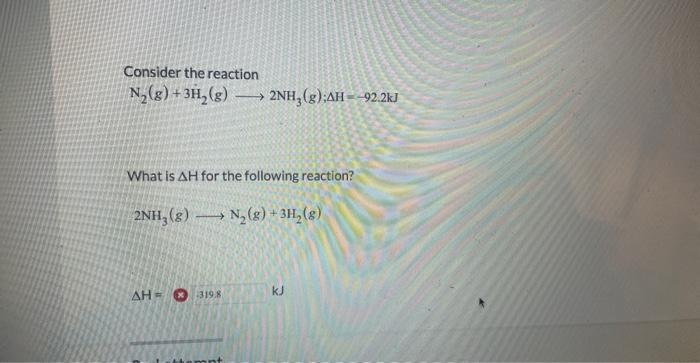 Solved Consider the reaction N2( g)+3H2( g) 2NH3( | Chegg.com