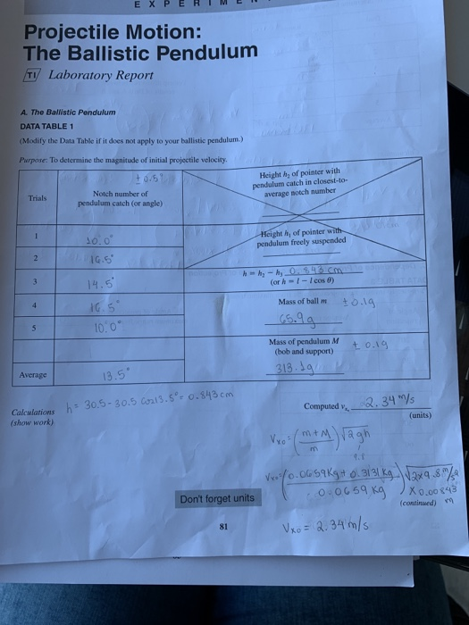 A. The Ballistic Pendulum 1. Is the collision between | Chegg.com