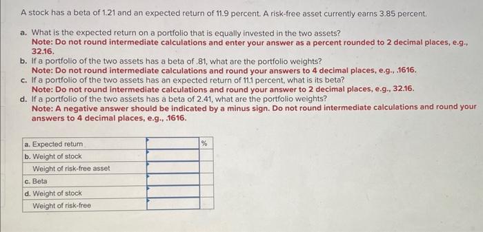 Solved A stock has a beta of 1.21 and an expected return of | Chegg.com