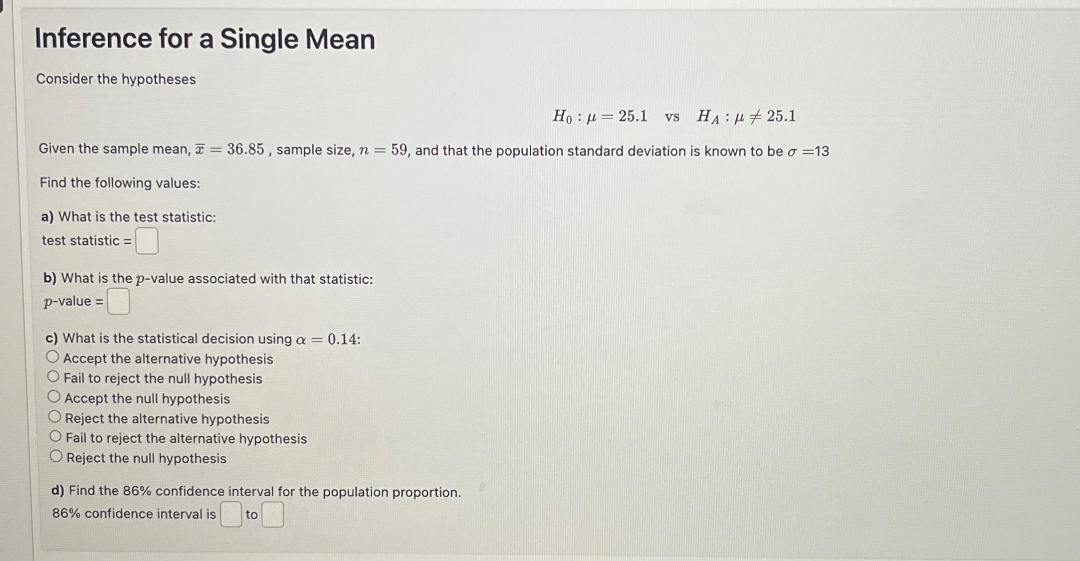 Solved Inference for a Single MeanConsider the | Chegg.com