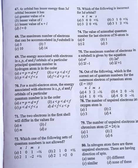 Solved 117. An element with atomic number equal to one, | Chegg.com