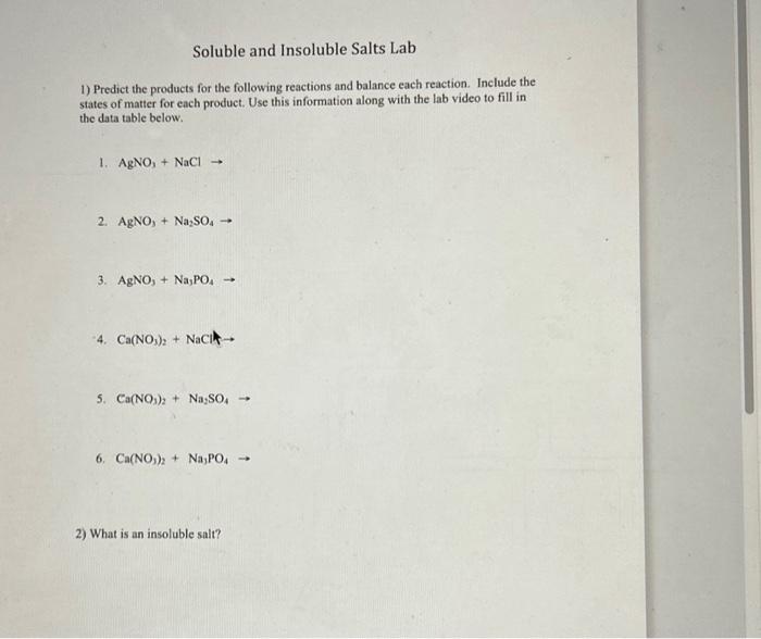 Solved Soluble and Insoluble Salts Lab 1) Predict the | Chegg.com