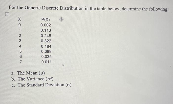 Solved For the Generic Discrete Distribution in the table | Chegg.com