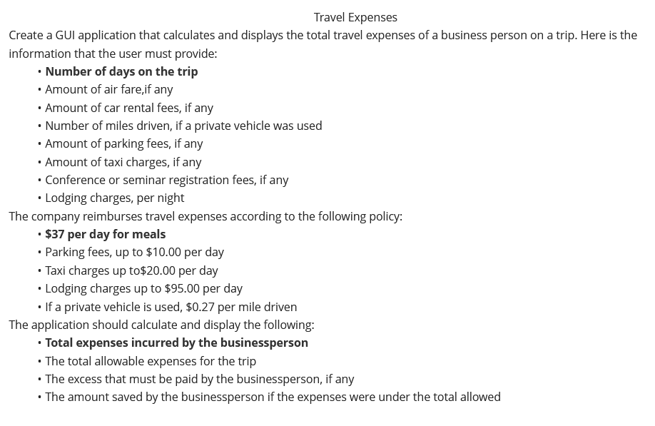 Solved Travel Expenses Language C#Create a GUI application | Chegg.com