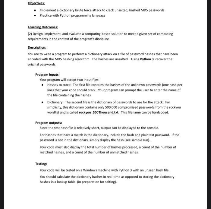 Objectives: Implement a dictionary brute force attack | Chegg.com