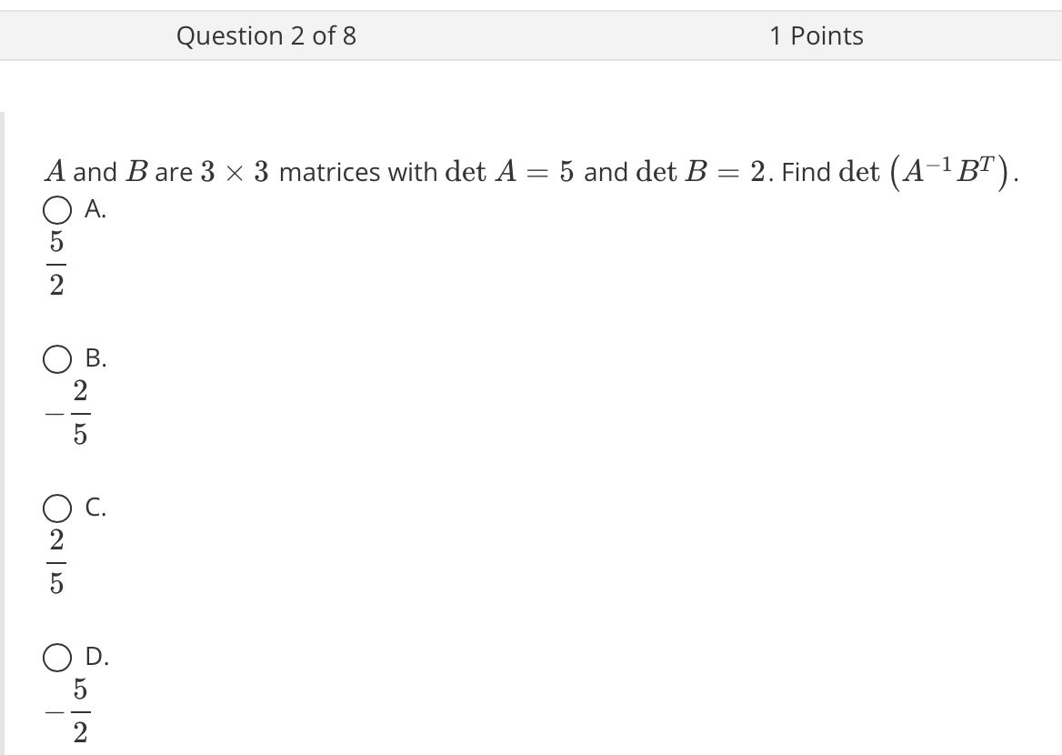 Solved Question 2 ﻿of 81 ﻿PointsA and B ﻿are 3×3 ﻿matrices | Chegg.com