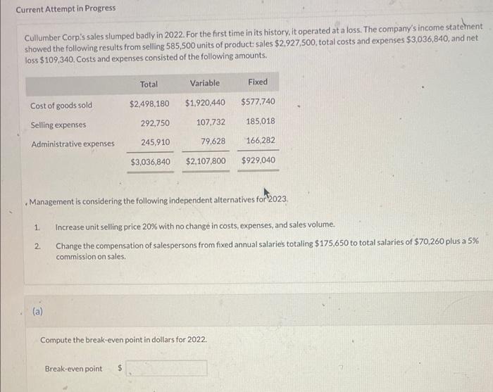 Solved Current Attempt in Progress Cullumber Corp's sales | Chegg.com