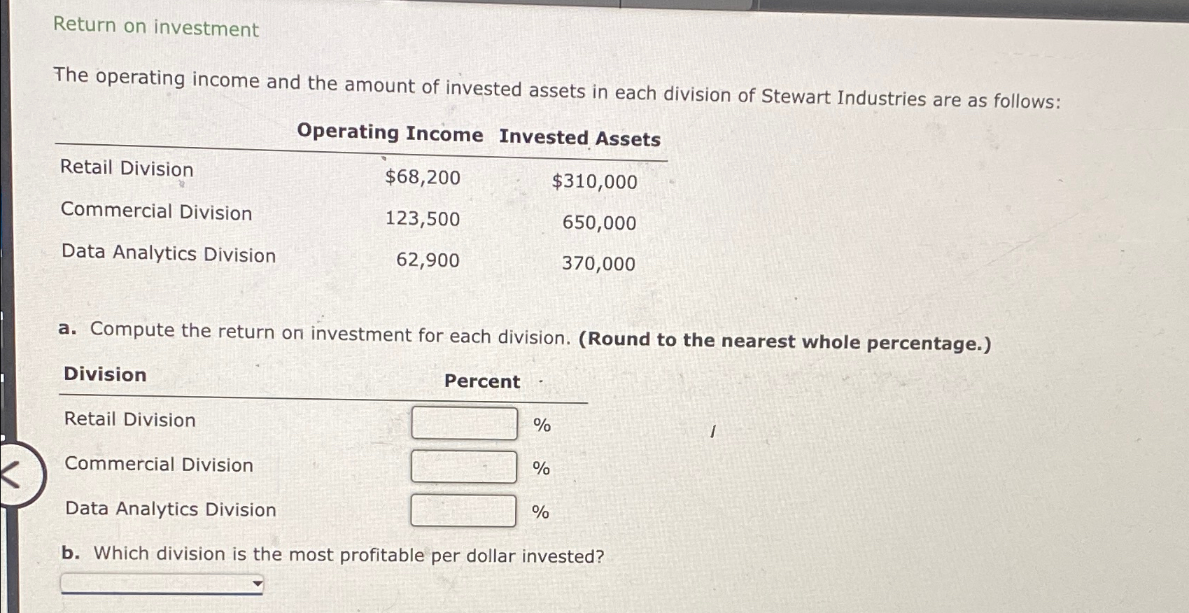 Solved Return on investmentThe operating income and the | Chegg.com