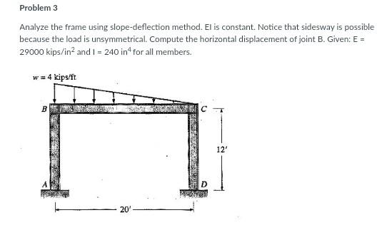 Solved Problem 3 Analyze the frame using slope-deflection | Chegg.com