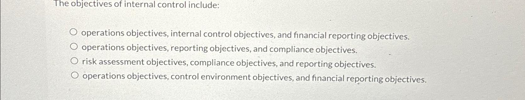 Solved The objectives of internal control include:operations | Chegg.com