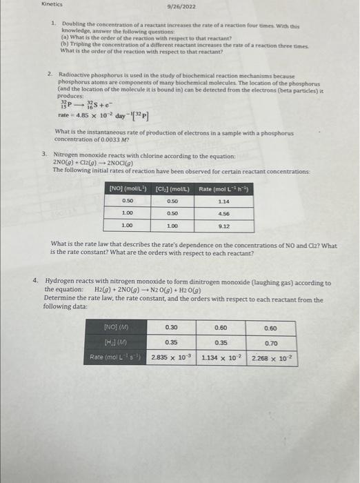 Solved 1. Doubling the concentration of a reactant increases | Chegg.com