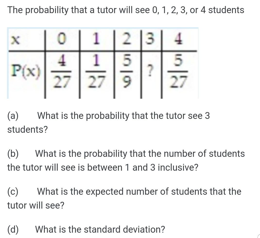 Solved The probability that a tutor will see 0, 1, 2, 3, or | Chegg.com