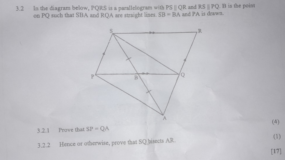 Solved 3.2 ﻿In the diagram below, PQRS ﻿is a parallelogram | Chegg.com