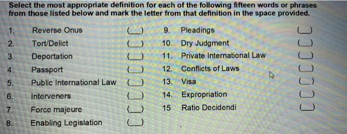 Select the most appropriate definition for each of | Chegg.com