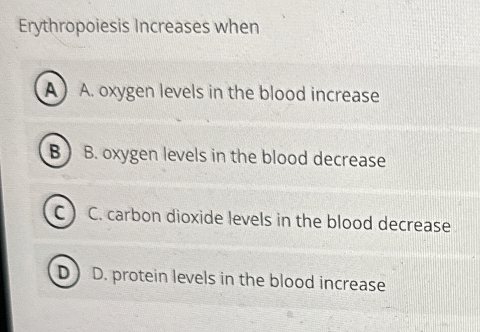 Solved Erythropoiesis Increases whenA. ﻿oxygen levels in the | Chegg.com