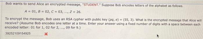 Solved Bob wants to send Alice an encrypted message, | Chegg.com