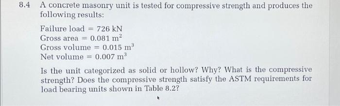 Solved 8.4 A concrete masonry unit is tested for compressive | Chegg.com