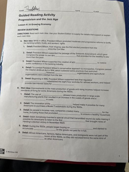 Guided Reading Activity Progressivism and the Jazz | Chegg.com