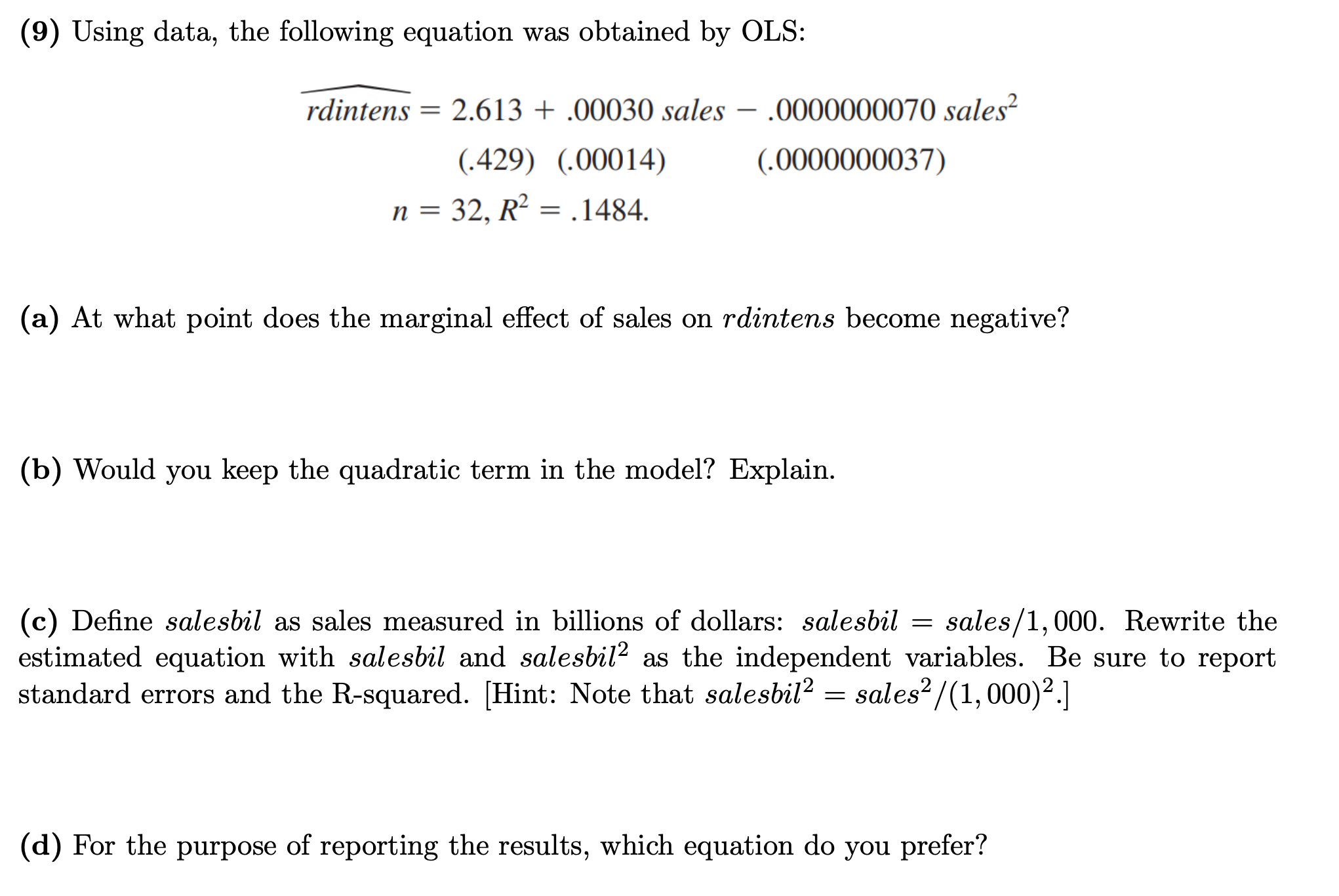 Solved (9) ﻿Using data, the following equation was obtained | Chegg.com
