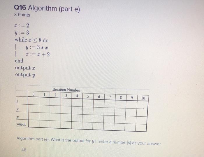 Solved Q16 Algorithm (part e) 3 Points 2:= 2 y :=3 while