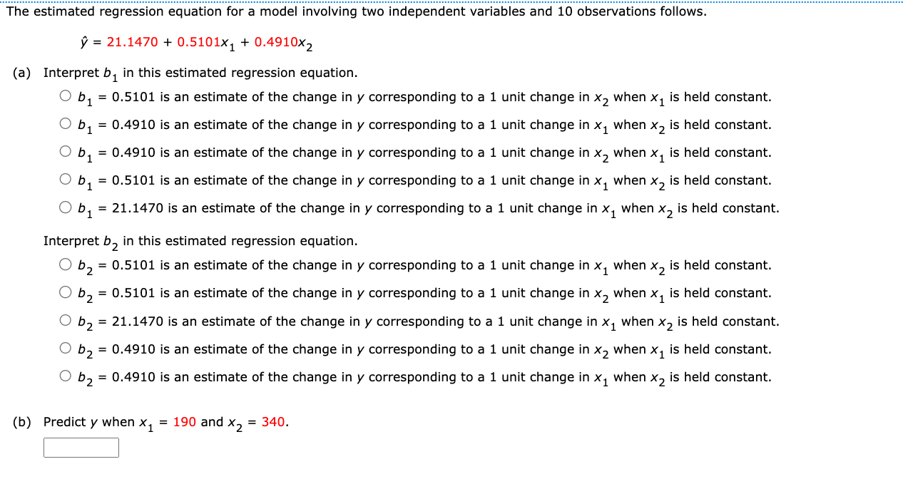 Solved The estimated regression equation for a model | Chegg.com