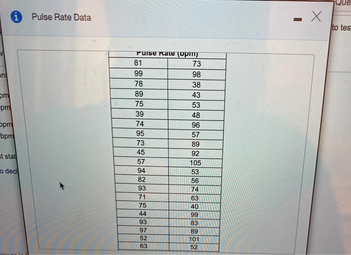 Solved Use the pulse rates in beats per minute (bpm) of a | Chegg.com