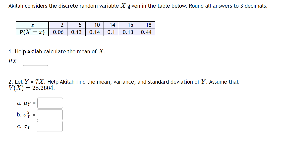 Solved Akilah considers the discrete random variable x | Chegg.com