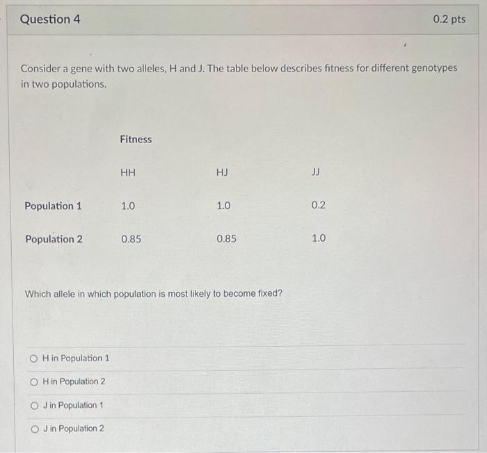 Solved Consider a gene with two alleles, H and J. The table | Chegg.com