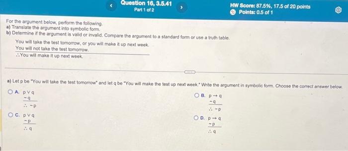Solved For the argument bolow, perform the following a) | Chegg.com