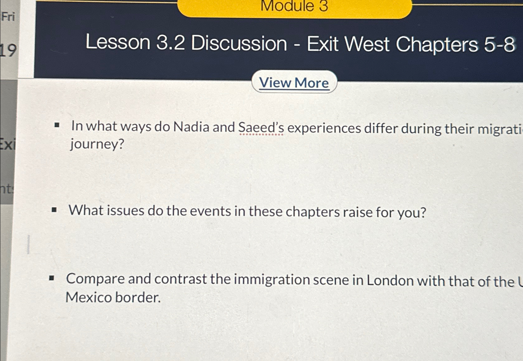 Module 3Lesson 3.2 ﻿Discussion - ﻿Exit West Chapters | Chegg.com