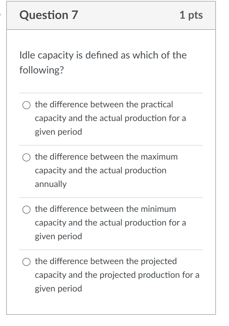 Solved Question 7Idle capacity is defined as which of | Chegg.com