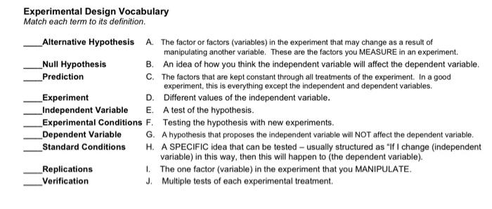 Solved Experimental Design Vocabulary Match each term to its | Chegg.com