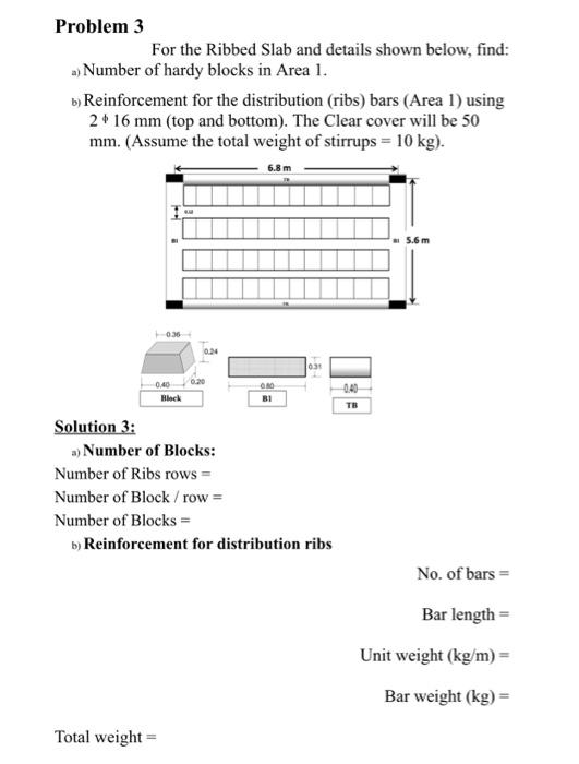 Solved Problem 3 For the Ribbed Slab and details shown | Chegg.com