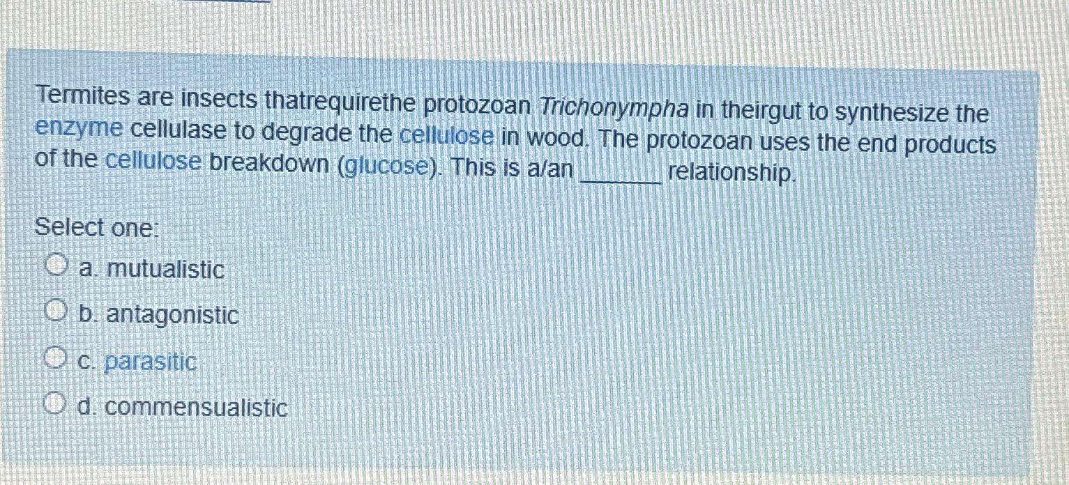 Solved Termites are insects thatrequirethe protozoan | Chegg.com