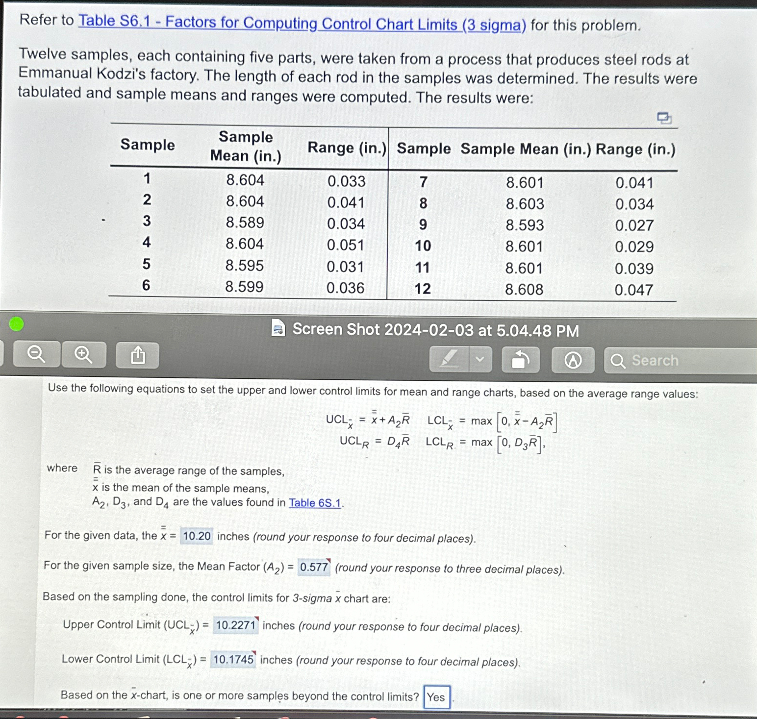 Solved Refer to Table S6.1 - ﻿Factors for Computing Control | Chegg.com