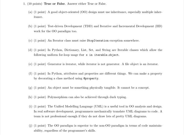 Solved 1. (10 points) True or False. Answer either True or | Chegg.com