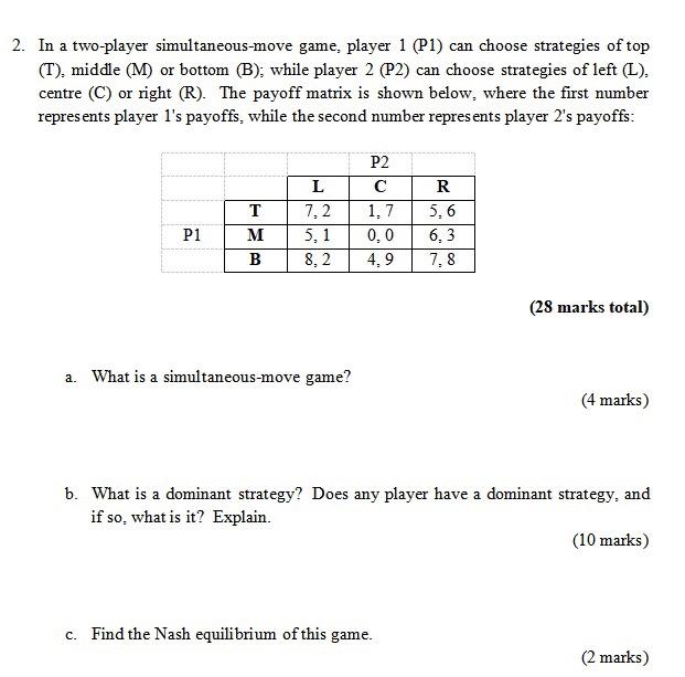 Solved 2. In a two-player simultaneous-move game, player | Chegg.com
