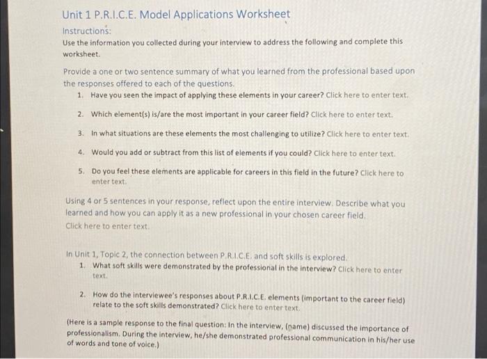 Solved Unit 1 P.R.I.C.E. Model Applications Worksheet | Chegg.com