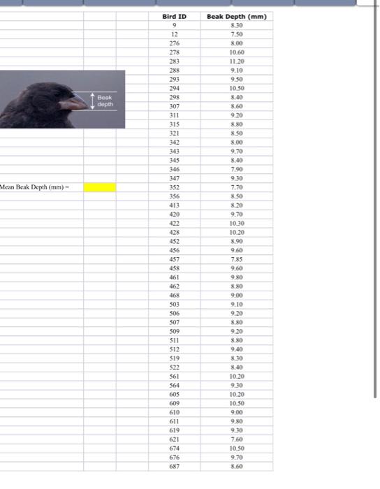 Solved Bird ID 9 12 276 278 283 288 Beak depth 293 294 298 | Chegg.com