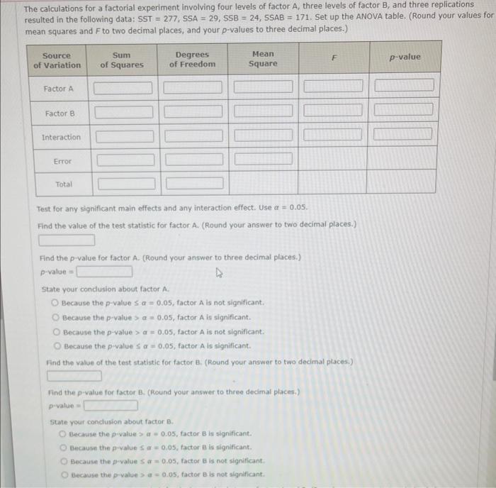 Solved The calculations for a factorial experiment involving | Chegg.com