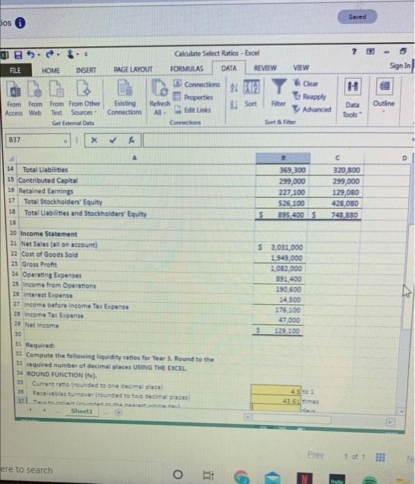 Solved Calculate Select Ratios - Excel FILE HOME INSERT | Chegg.com
