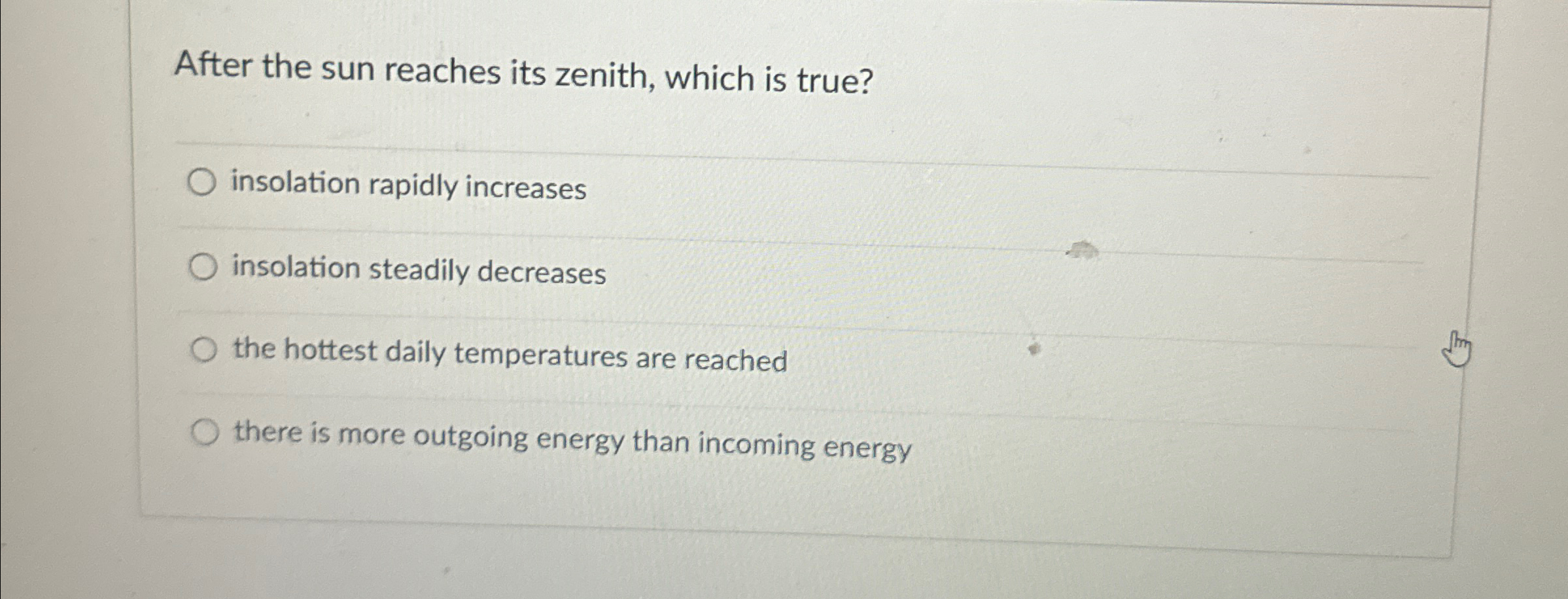 Solved After the sun reaches its zenith, which is | Chegg.com