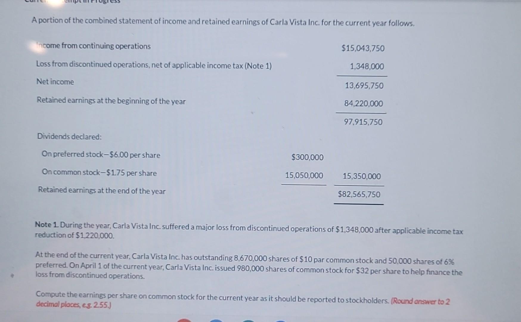 Solved A portion of the combined statement of income and | Chegg.com