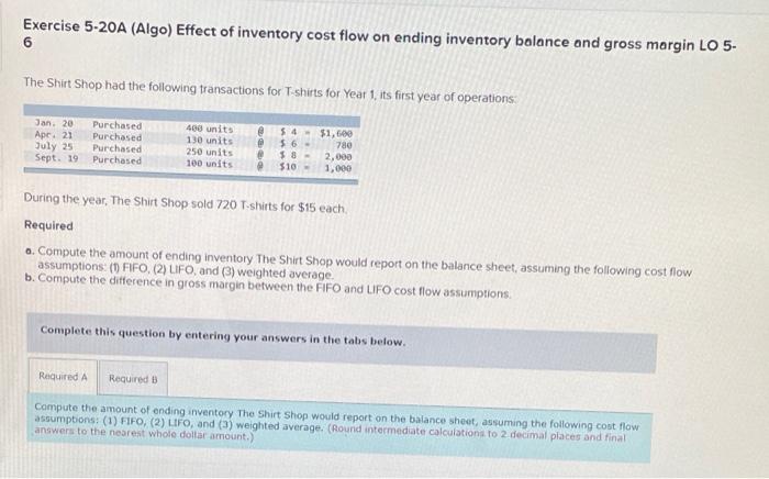 Solved Exercise 5-20A (Algo) Effect of inventory cost flow | Chegg.com