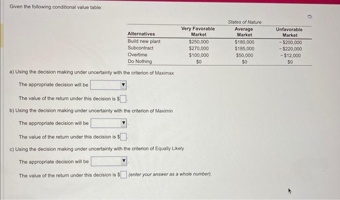 Solved Given the following conditional value table: a) Using | Chegg.com