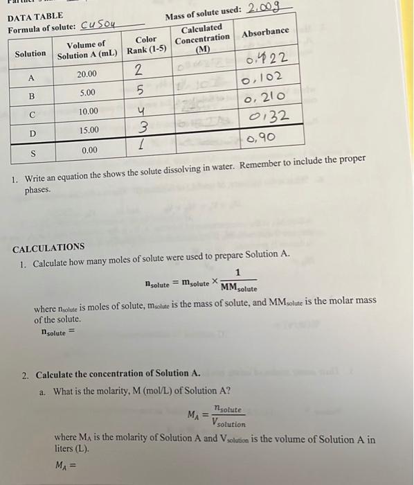 Solved 1 Write An Equation The Shows The Solute Dissolving