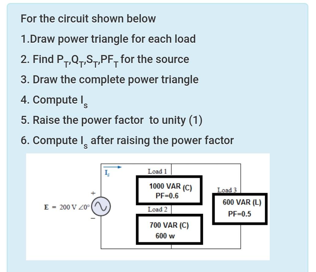 Solved For the circuit shown below 1.Draw power triangle for | Chegg.com